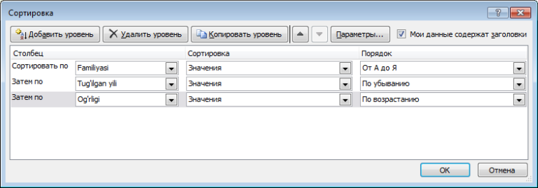 MS EXCEL DASTURIDA MA’LUMOTLARNI TARTIBLASH – Dars ishlanma